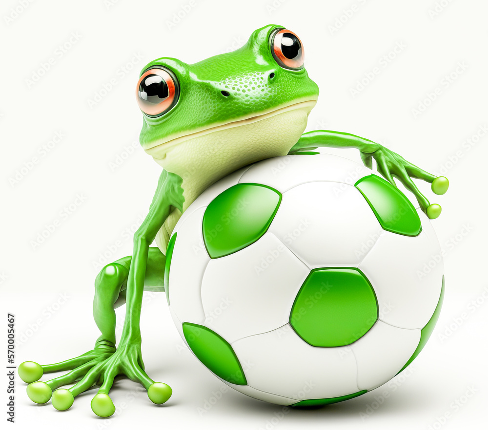 A nimble green frog carrying a soccer ball, perfect for creating a cute ...
