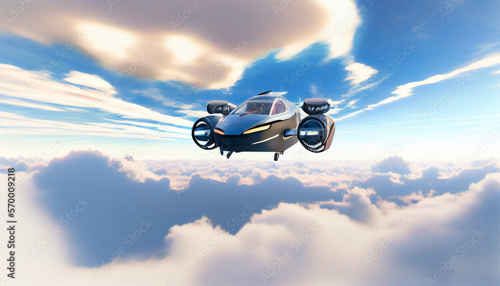 A model of a flying car in the air above the clouds. Generative AI ...