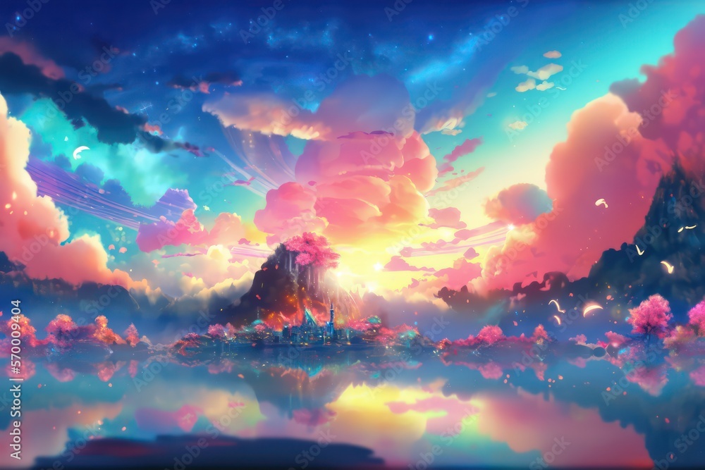 Mountain with fantasy sky view, Fantasy sky view in digital art style, Illustration painting ...