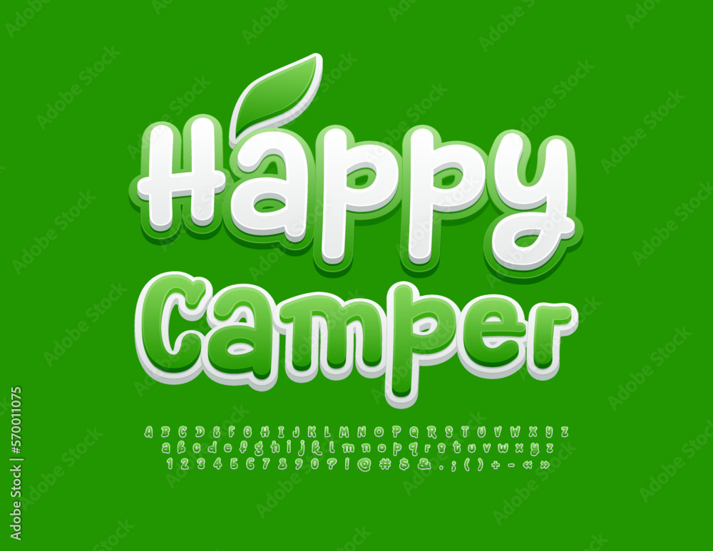 Vector funny badge Happy Camper with decorative Leaf. Green an White ...