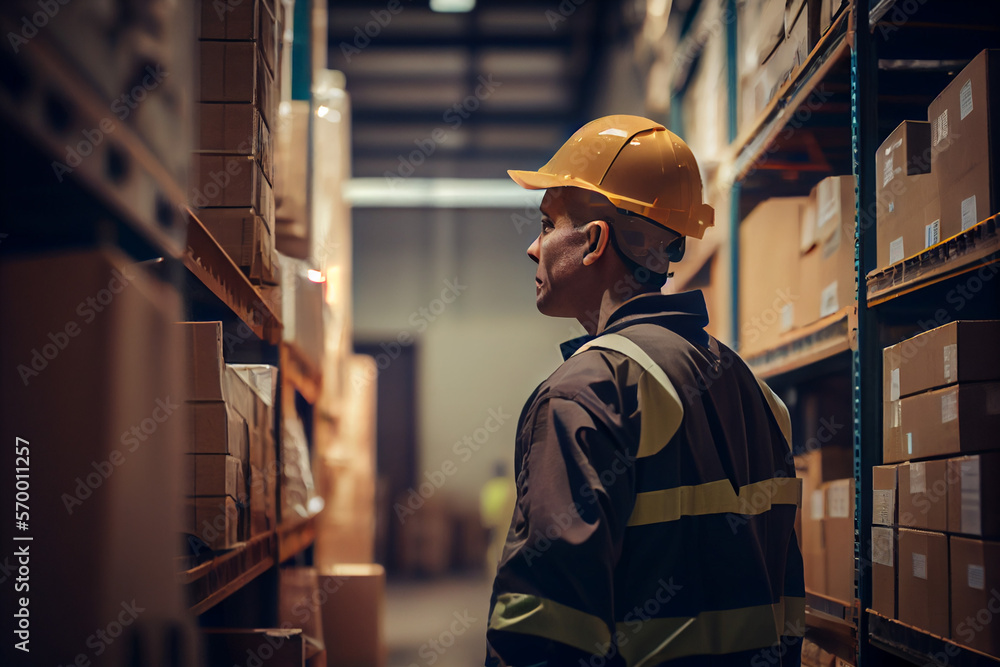 Warehouse worker supervisor wearing hardhat and reflective jacket ...