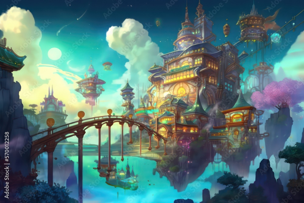 Magic castle with bridge in the fantasy world, Fantasy castle in the adventure world, Colourful ...