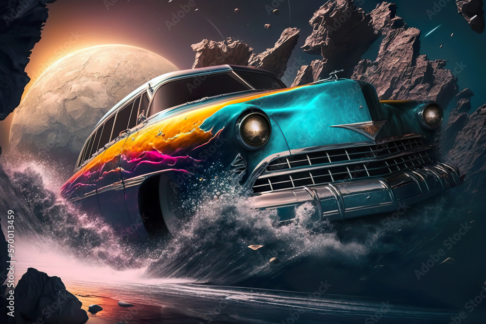 An imaginary car. An oldtimer car racing on an alien planet. An ...
