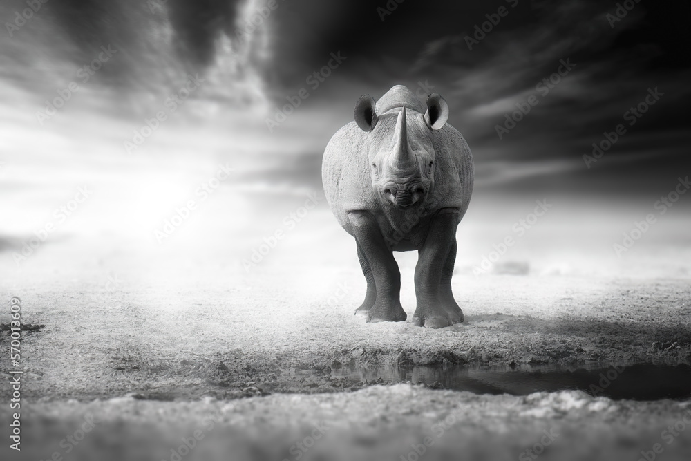 Black Rhino poster, black-and-white art: direct view of a huge Black ...