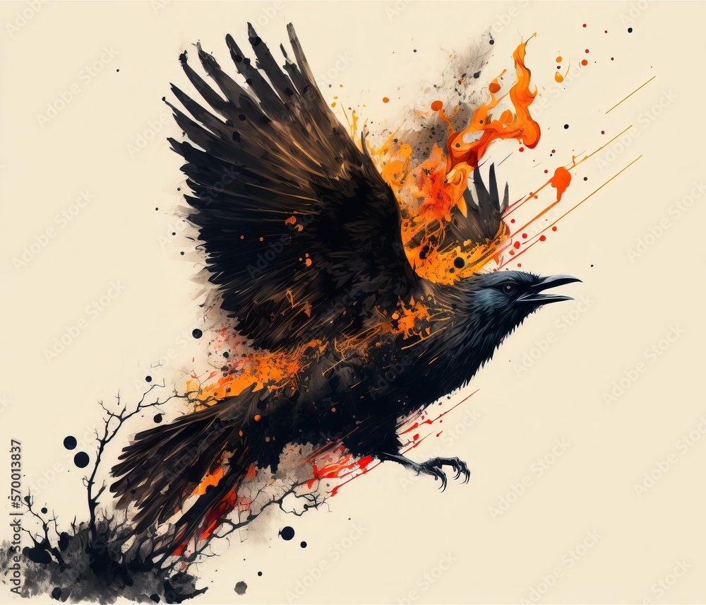 charcoal sketch of a flaming raven. ink drops and brush strokes Stock ...