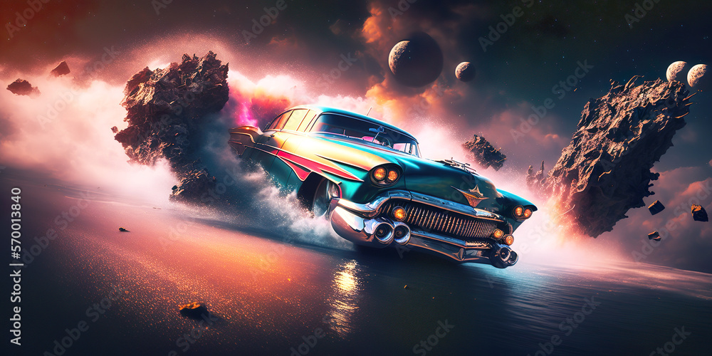 An imaginary car. An oldtimer car racing on an alien planet. An ...