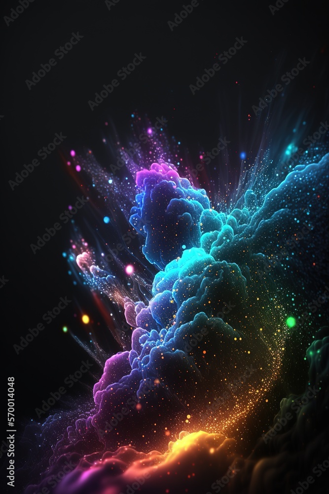 Glowing colorful particles liquid dynamic flow on dark background. Fluo ...