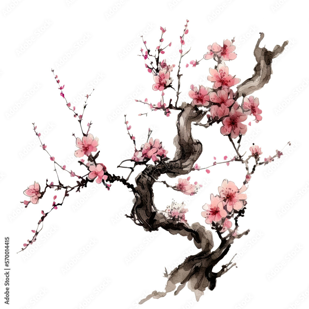 Traditional ink painting style sakura tree branches, Beautiful pink ...