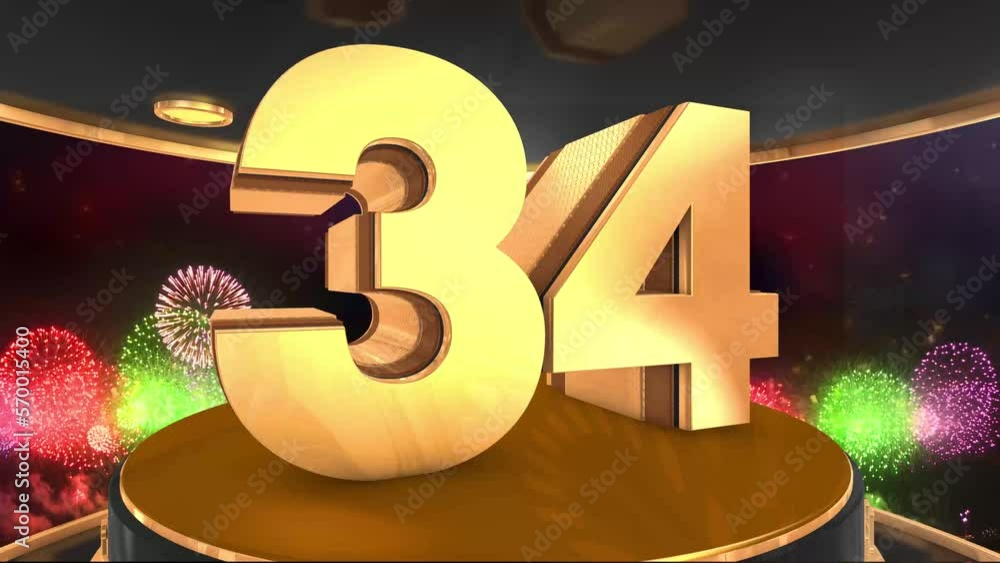 34th birthday animation in gold with fireworks background, Animated 34 ...