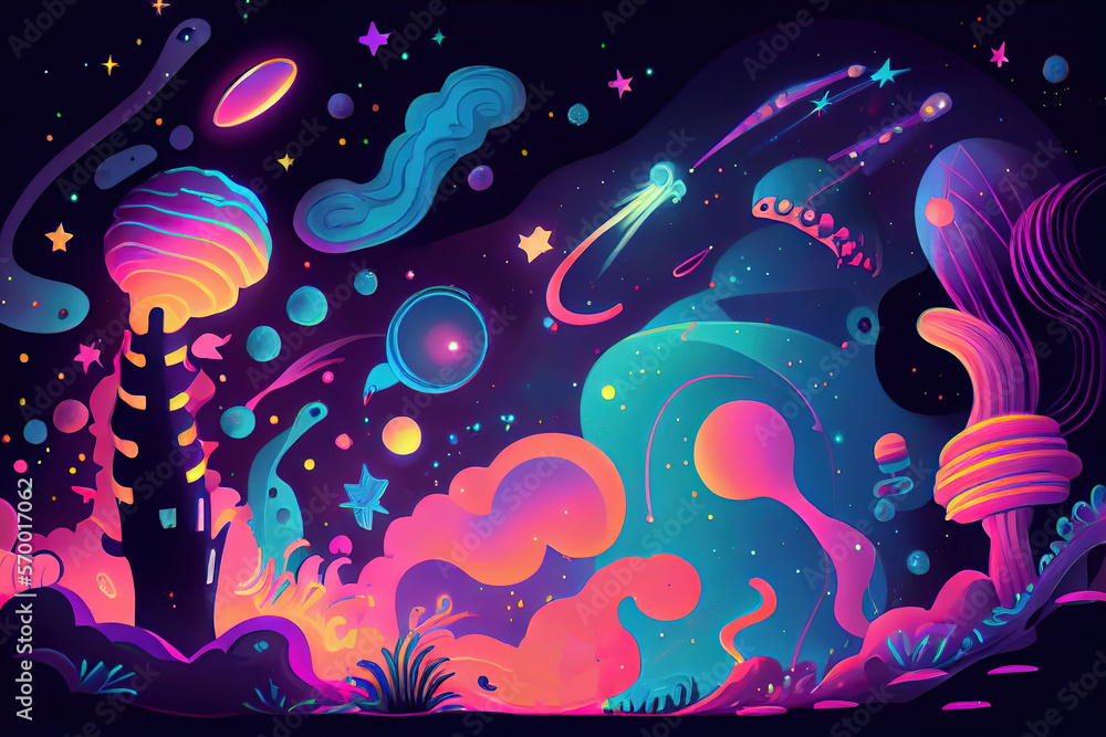 Night view from alien planet, colorful neon space background with many ...