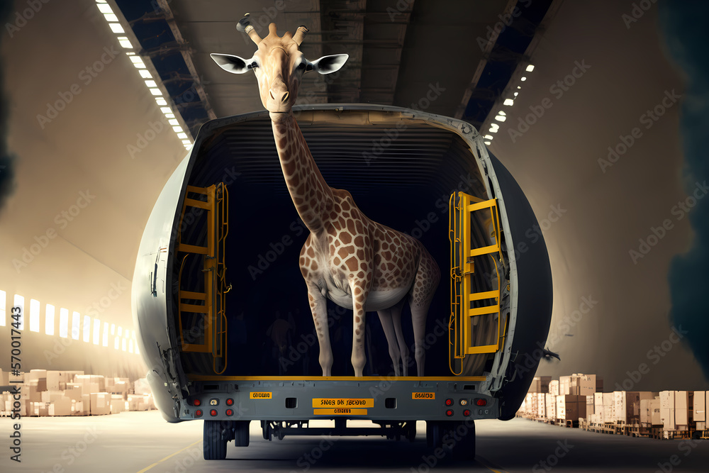 Transportation of an giraffe in cargo hold of airplane to zoo. Concept ...