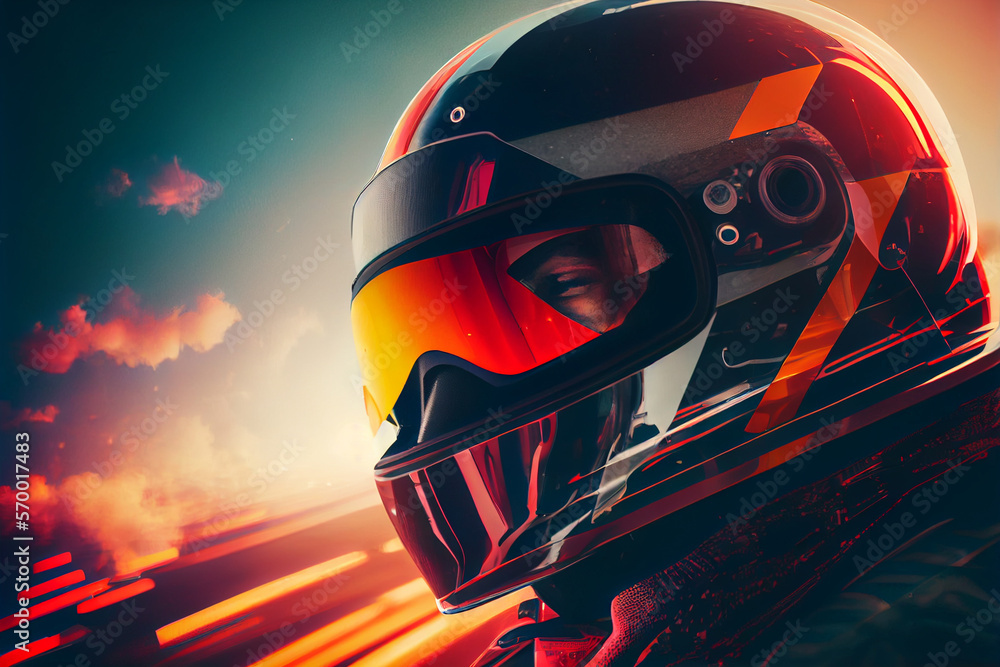 Portrait of sports car racer wearing helmet at sunset. ace driver with ...