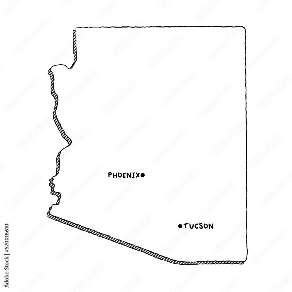 Vector hand drawn map of Arizona AZ with main cities. US States black ...