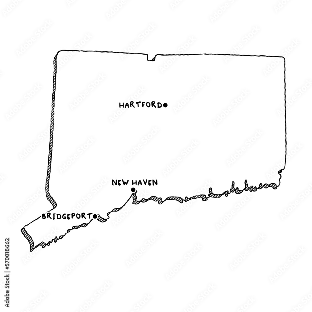 Vector hand drawn map of Connecticut CT with main cities. US States ...