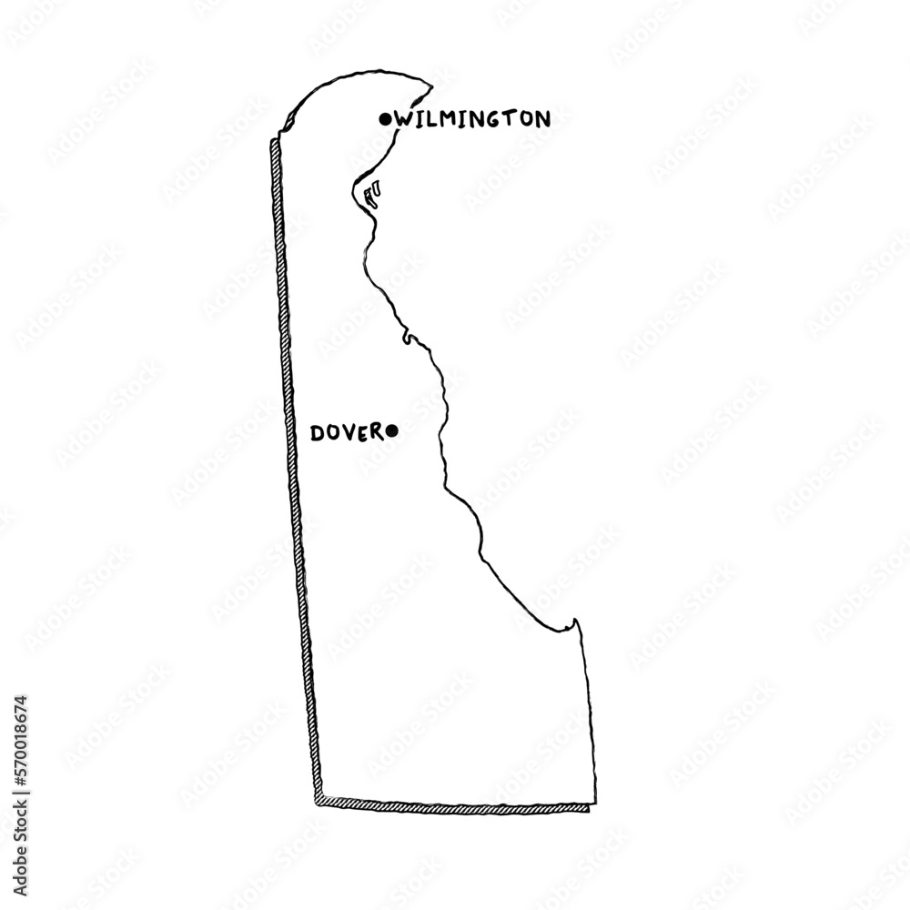Vector hand drawn map of Delaware DE with main cities. US States black ...