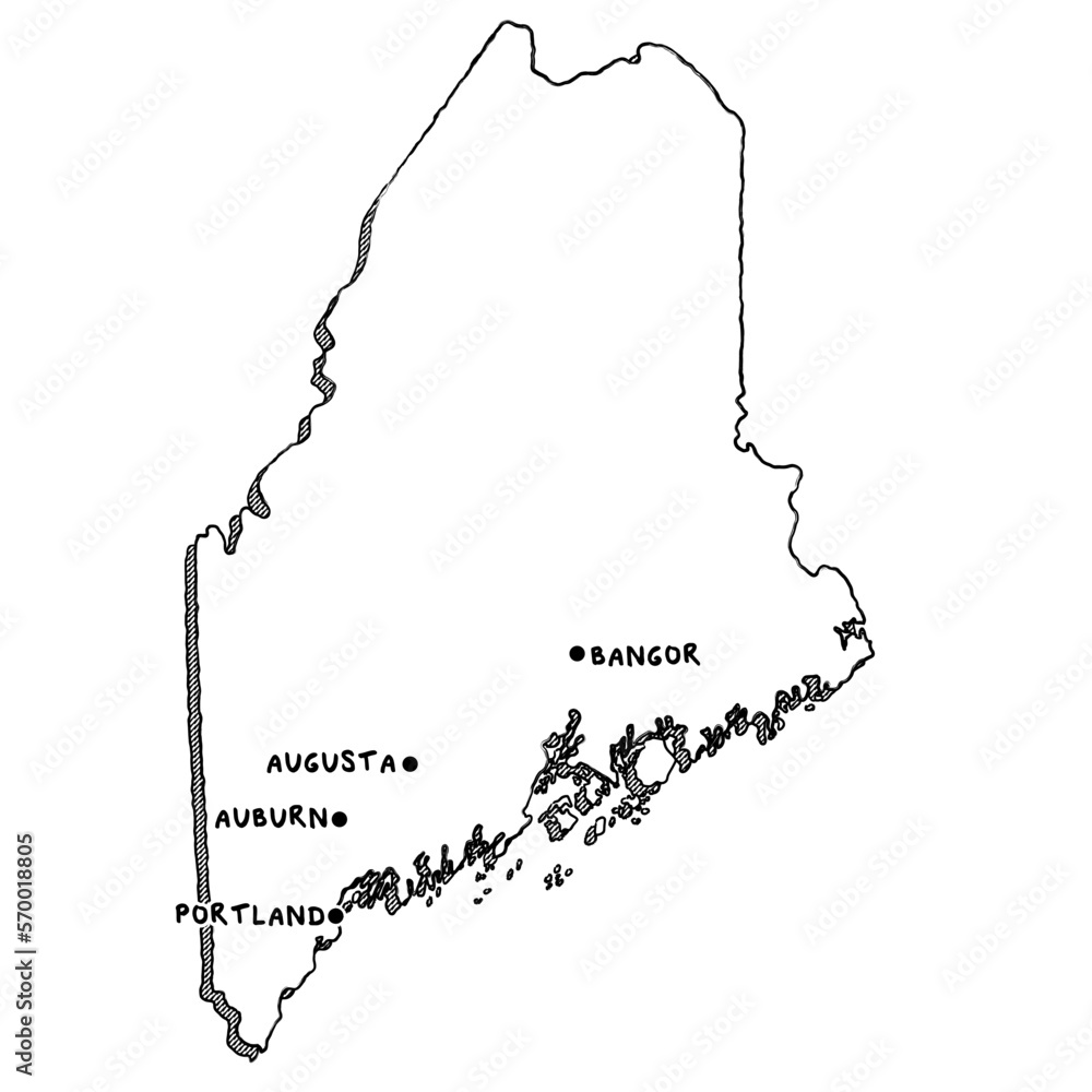 Vector hand drawn map of Maine ME with main cities. US States black and ...