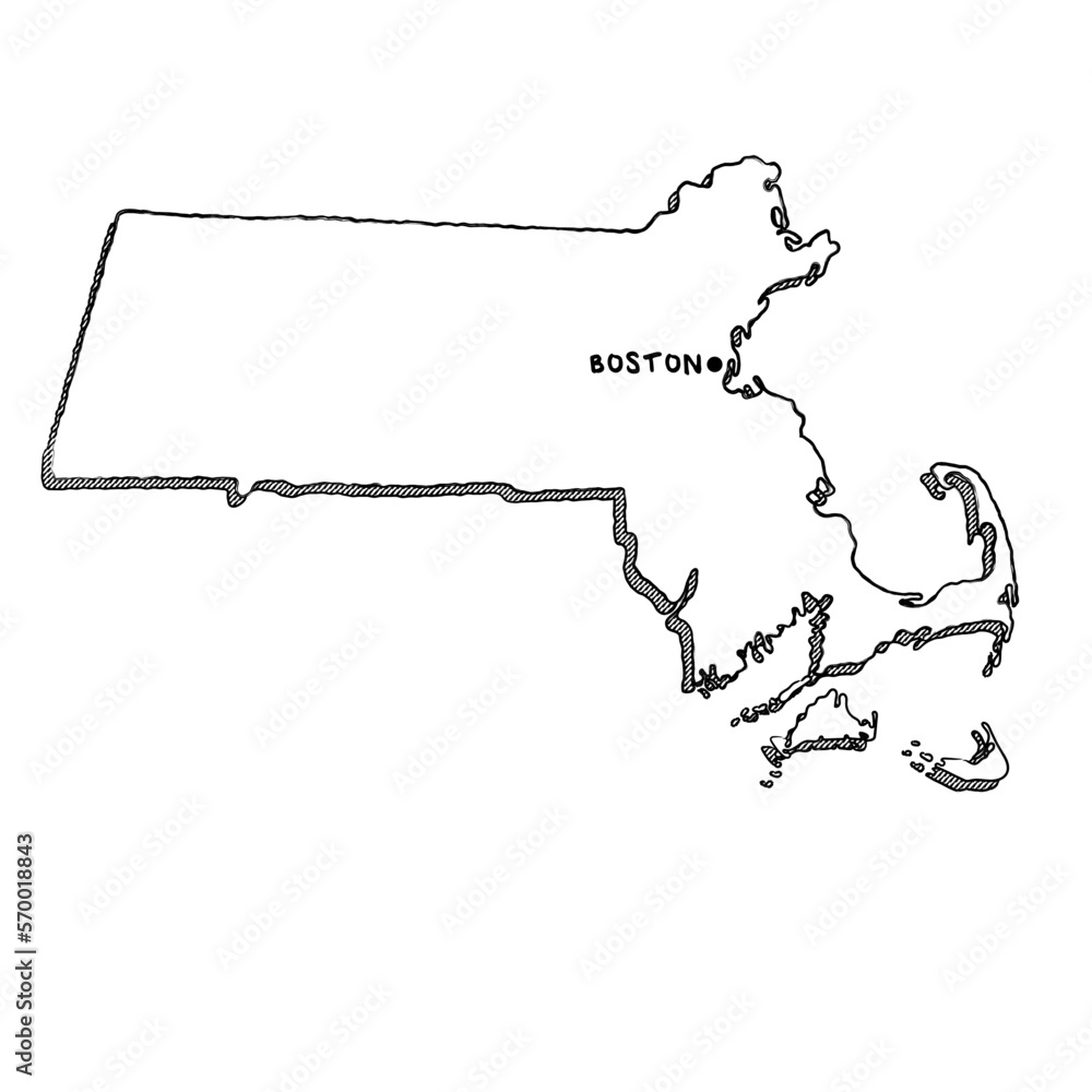 Vector hand drawn map of Massachusetts MA with main cities. US States ...