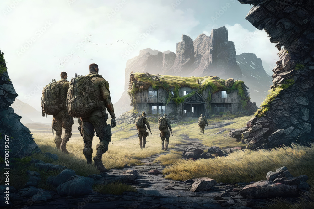 Special forces military soldiers in full tactical gear walking to ...