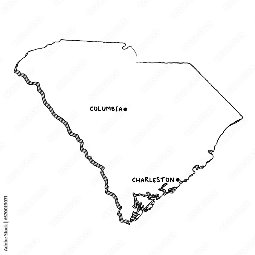 Vector hand drawn map of South Carolina SC with main cities. US States ...