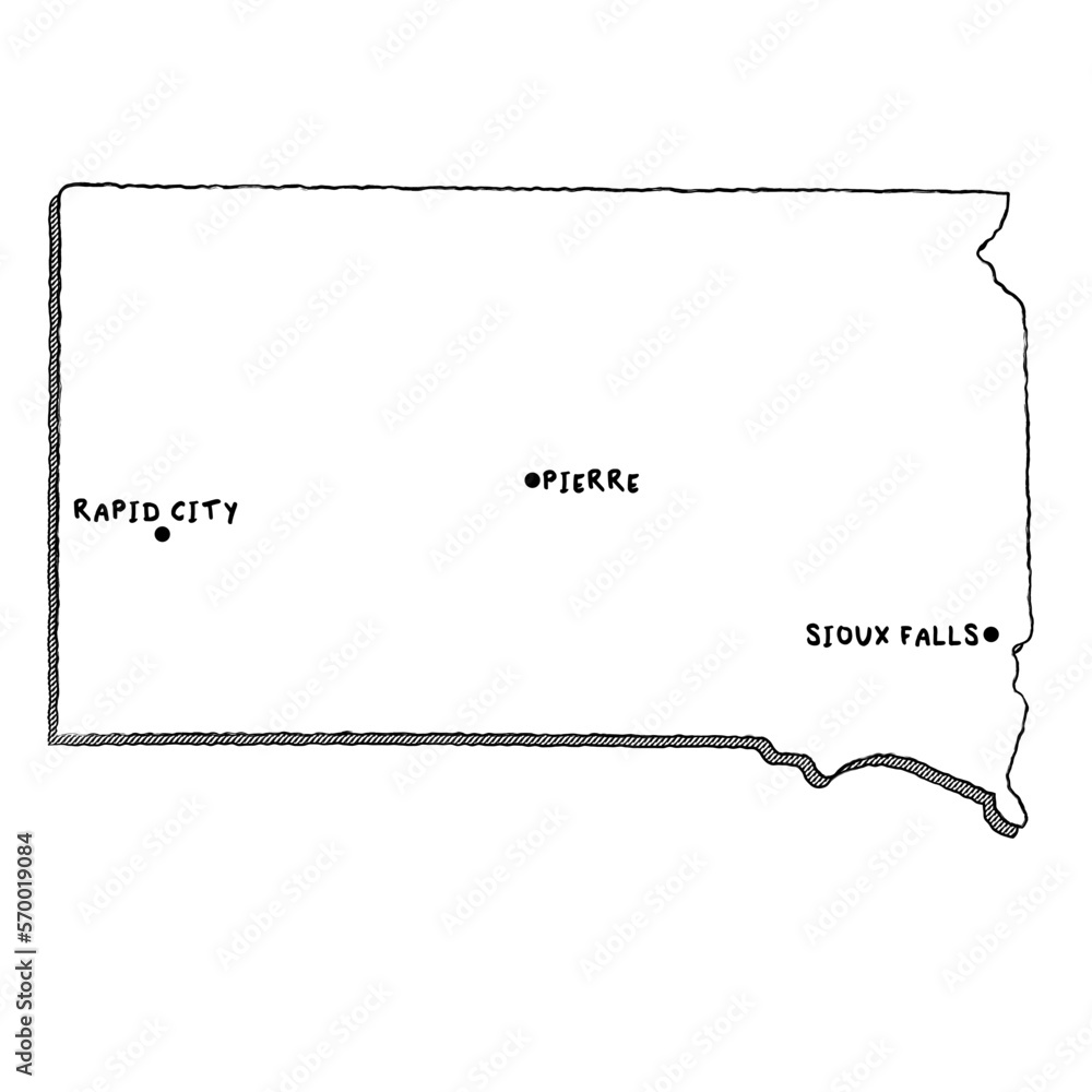 Vector hand drawn map of South Dakota SD with main cities. US States ...