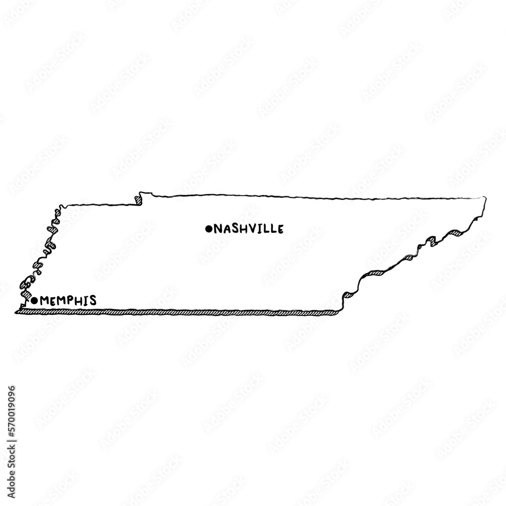 Vector hand drawn map of Tennessee TN with main cities. US States black ...