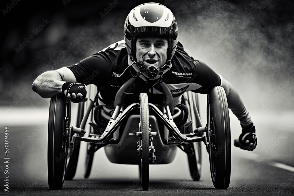 Young man in a racing wheelchair. He is demonstrating racing technique ...
