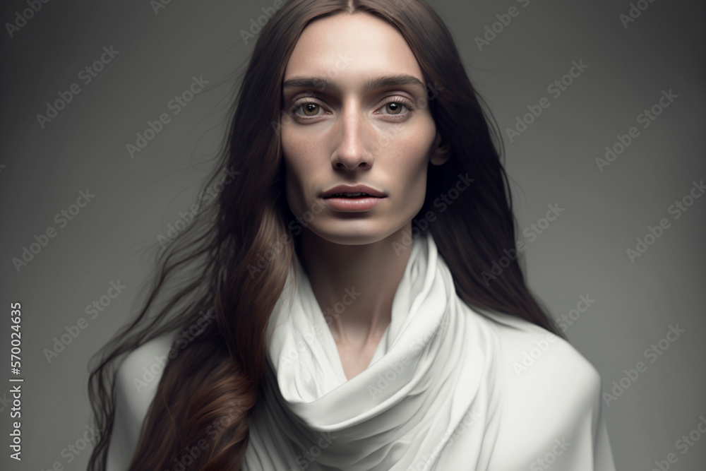 Close-up portrait of a beautiful young androgynous person with long ...