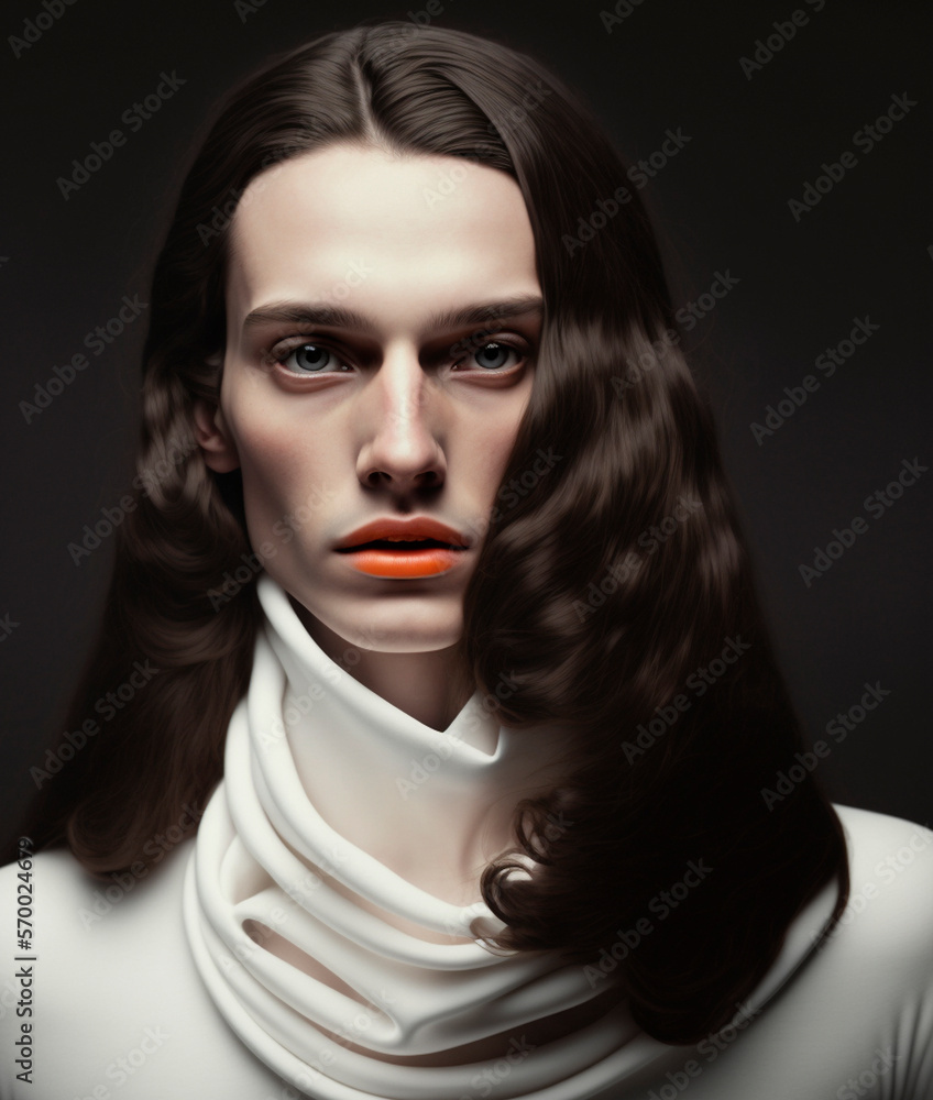 Close-up portrait of a beautiful young androgynous person with brown ...