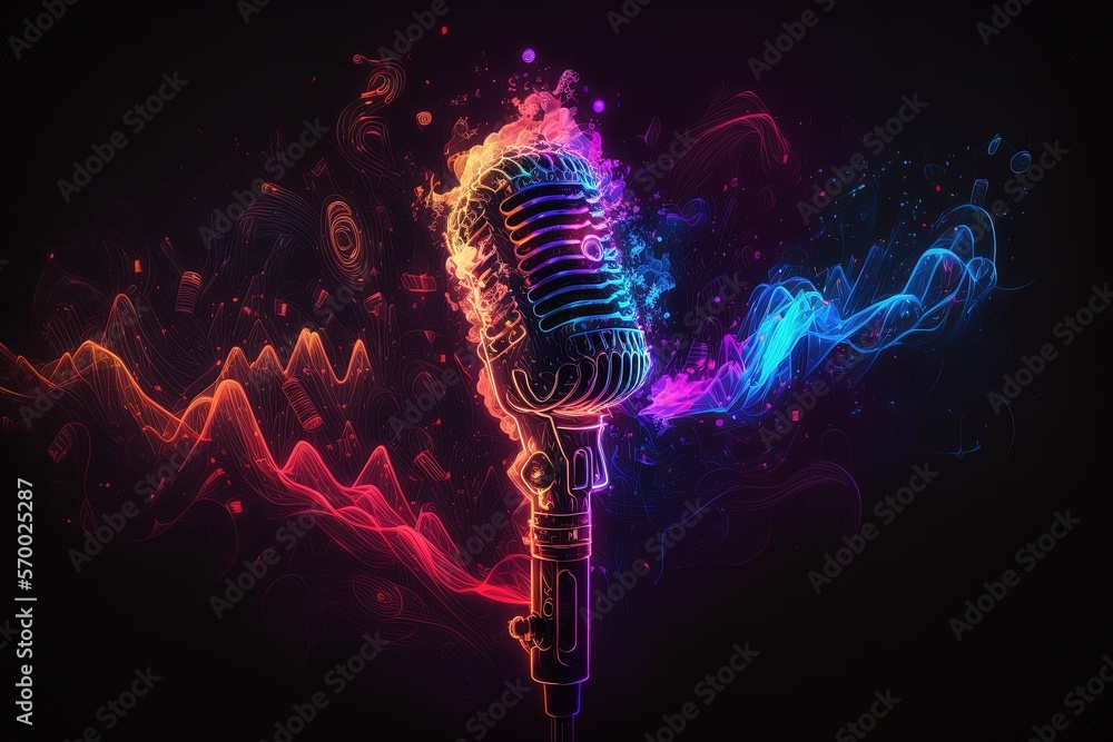 Microphone and neon lights, abstract glowing background, digital ...