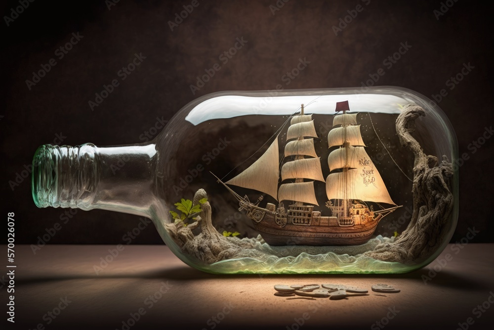 Glass bottle with pirate ship inside, mini ship inside a bottle ...