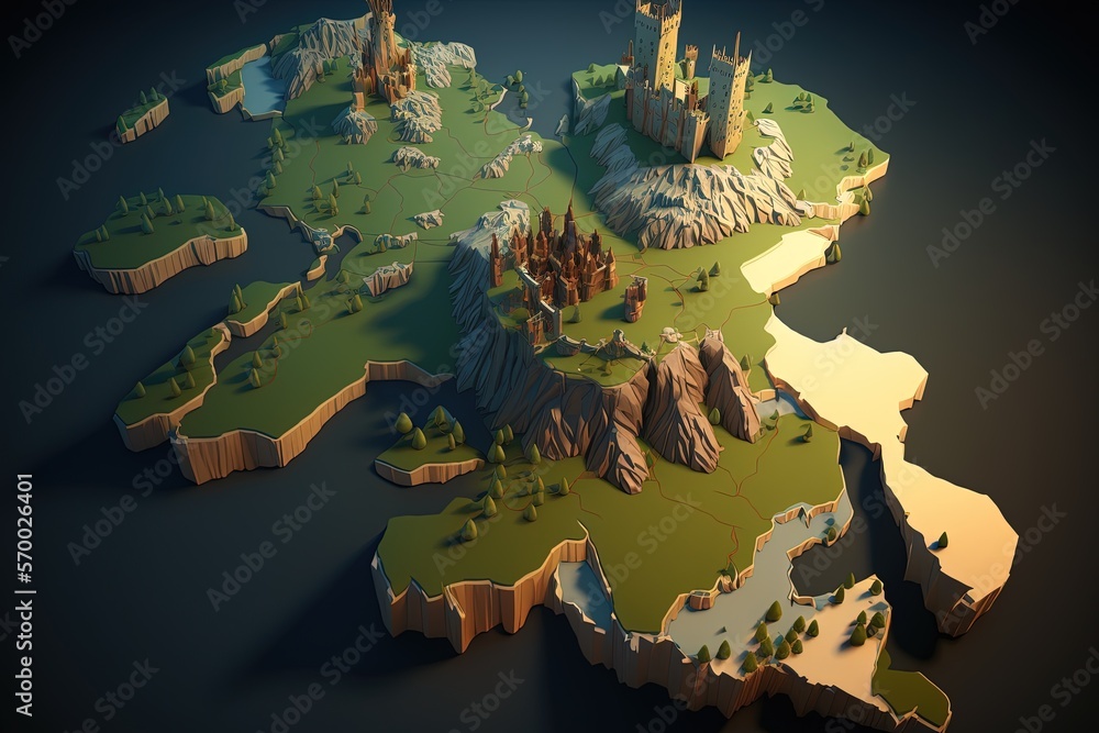 Medieval kingdom 3D map, Middle age kingdom volumetric map with ...