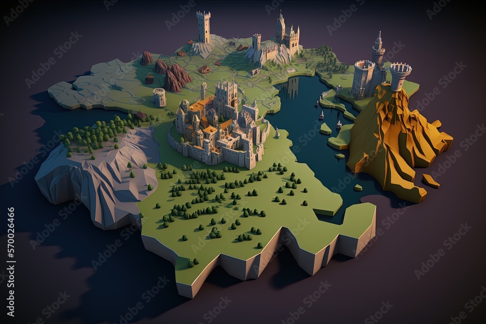 Medieval kingdom 3D map, Middle age kingdom volumetric map with ...