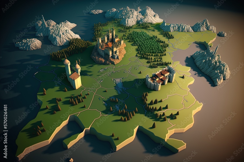 Medieval kingdom 3D map, Middle age kingdom volumetric map with ...