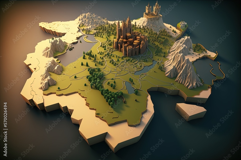 Medieval kingdom 3D map, Middle age kingdom volumetric map with ...
