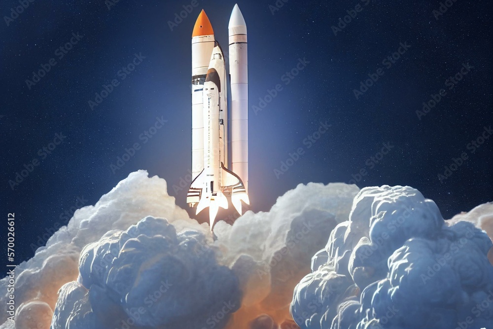 Space shuttle rocket launch in the clouds with stars to outer space ...
