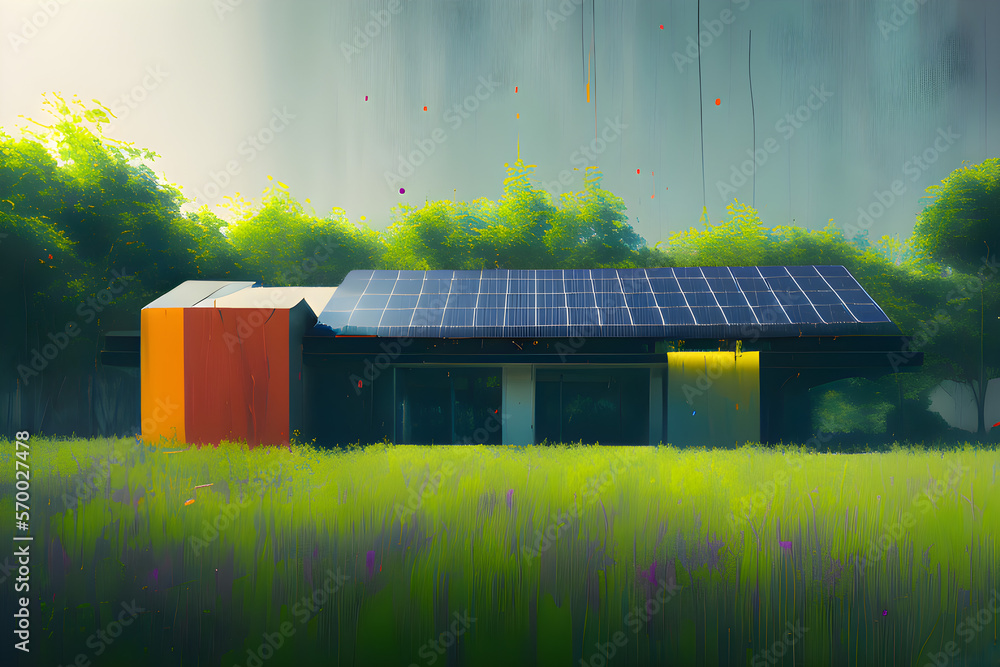 Eco house with solar panels. Concept art for architecture design or ...