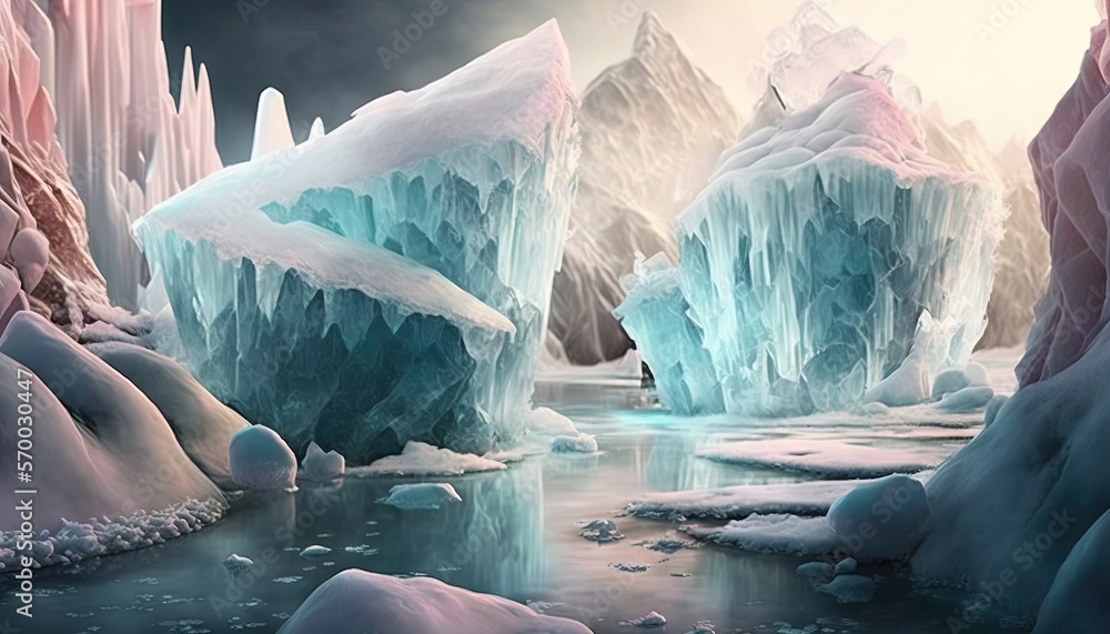 a painting of icebergs in a frozen lake with a man standing on the ice ...