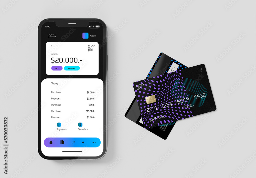 Smartphone with Two Bank Cards Mockup Stock Template | Adobe Stock