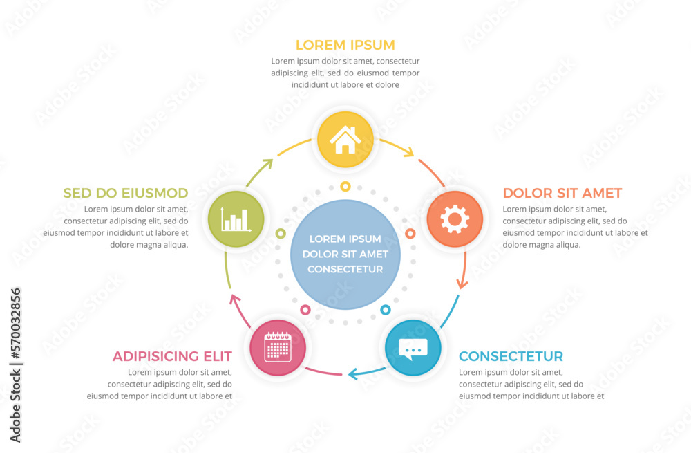 Circle diagram template with five steps or options, process ...
