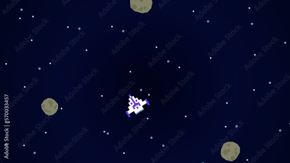 Old style 8-bit game animation of spaceship shooting meteors in space ...