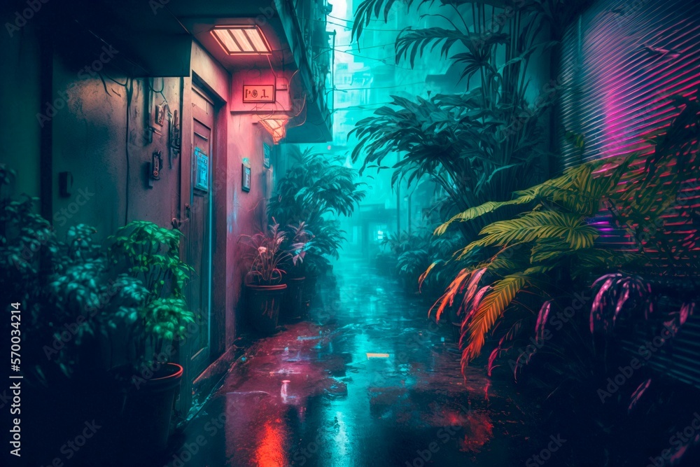 Blue Night city lights. Neon urban future. Rainy Futuristic city in a ...