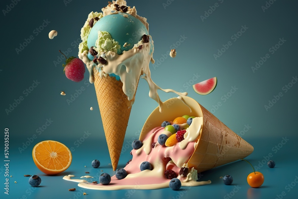 an ice cream cone with fruit and ice cream on top of it, with a scoop ...