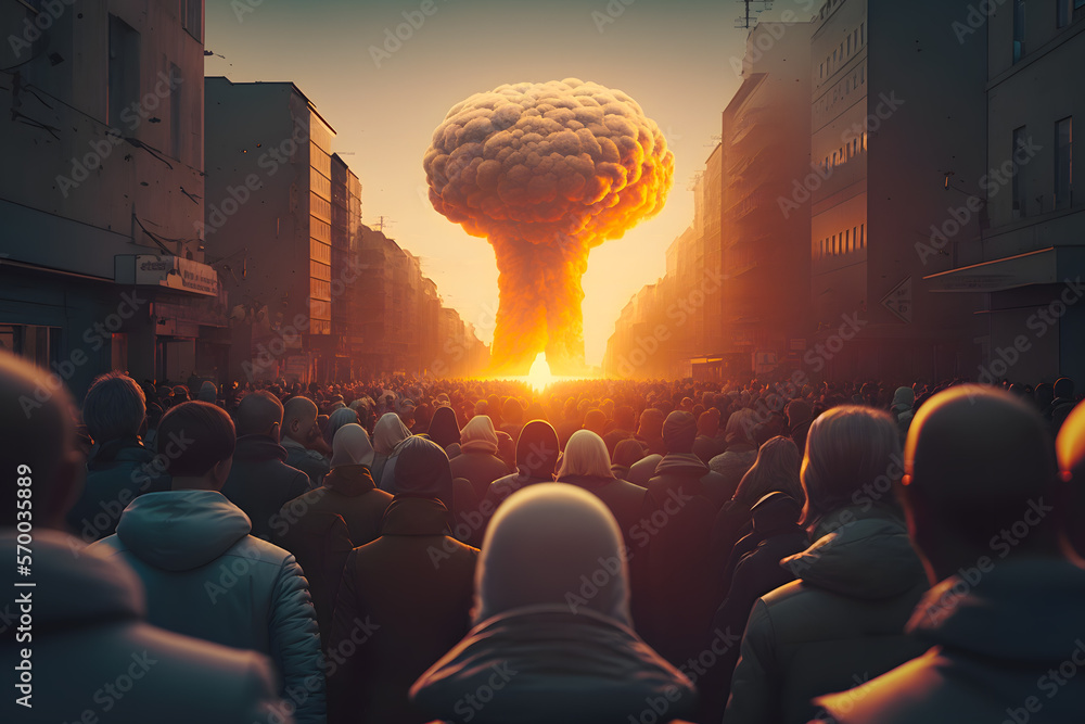 Nuclear war concept. Explosion of nuclear bomb. People looking on giant ...