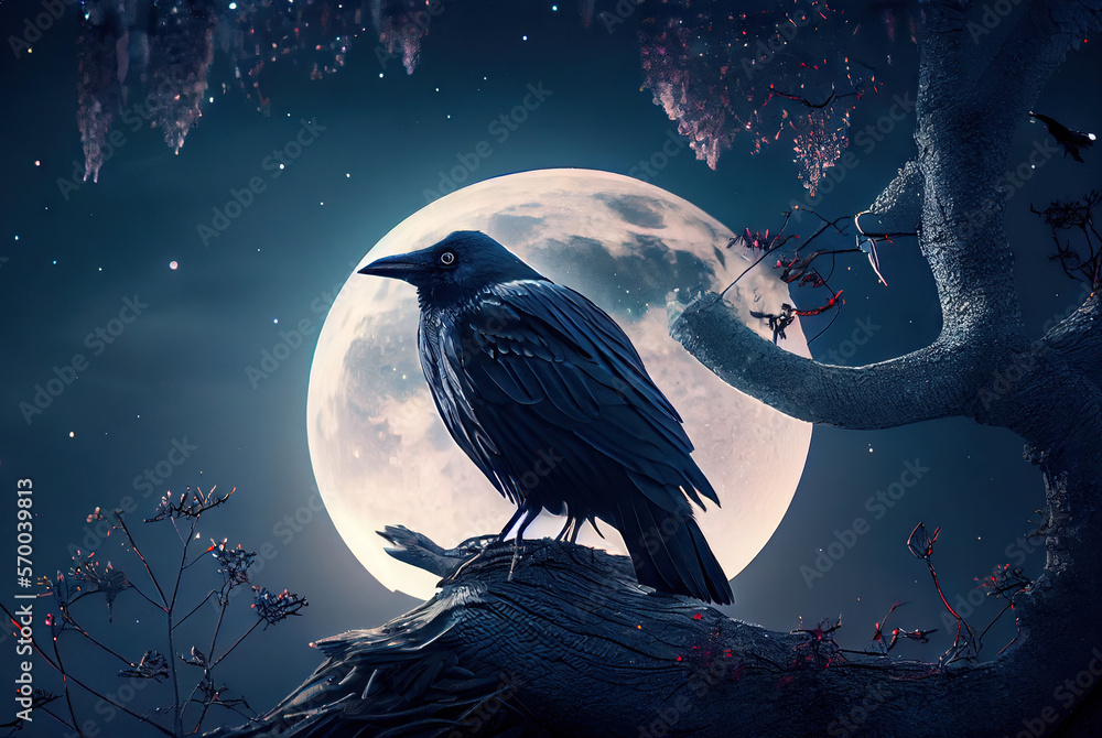 Raven sitting on the branch in the night during full moon created with ...