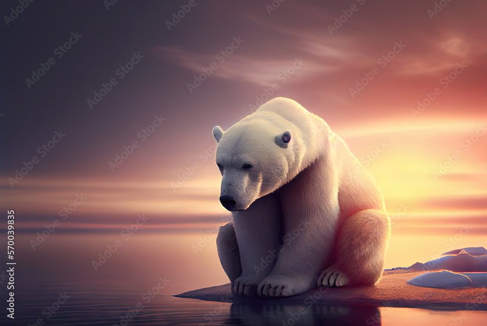 Sad polar bear sitting on ice created with AI Stock Illustration ...