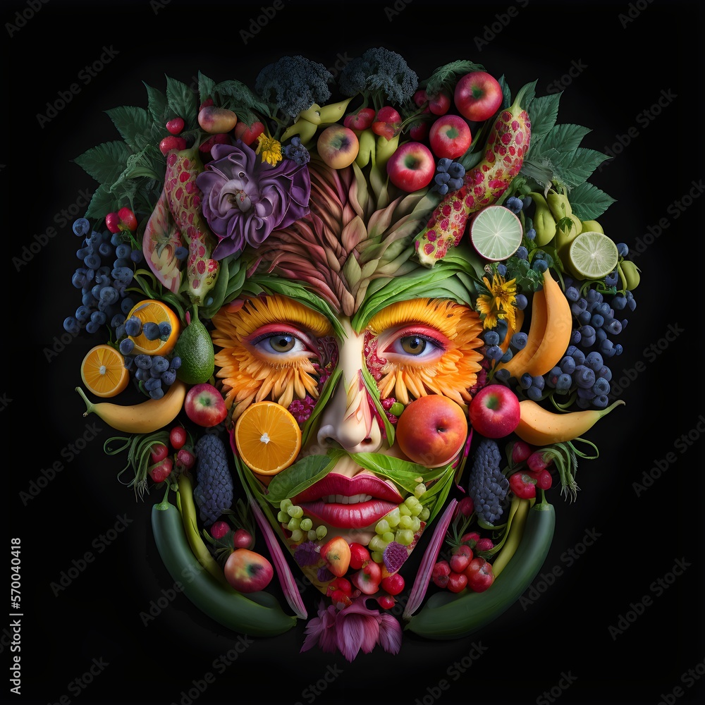 surrealist face made out of fruits vegetables flowers front view dark ...