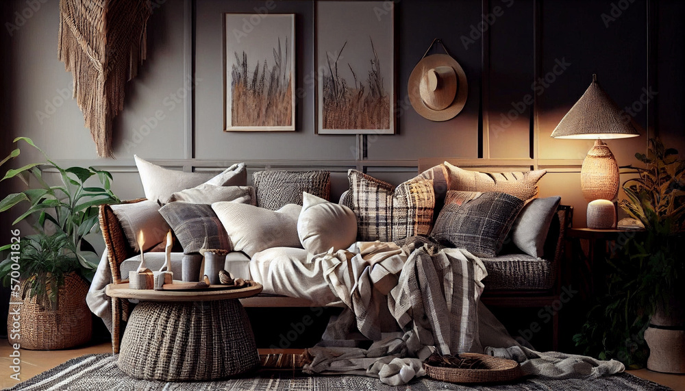 Modern living room interior in boho style. Sofa bed, wooden furniture ...