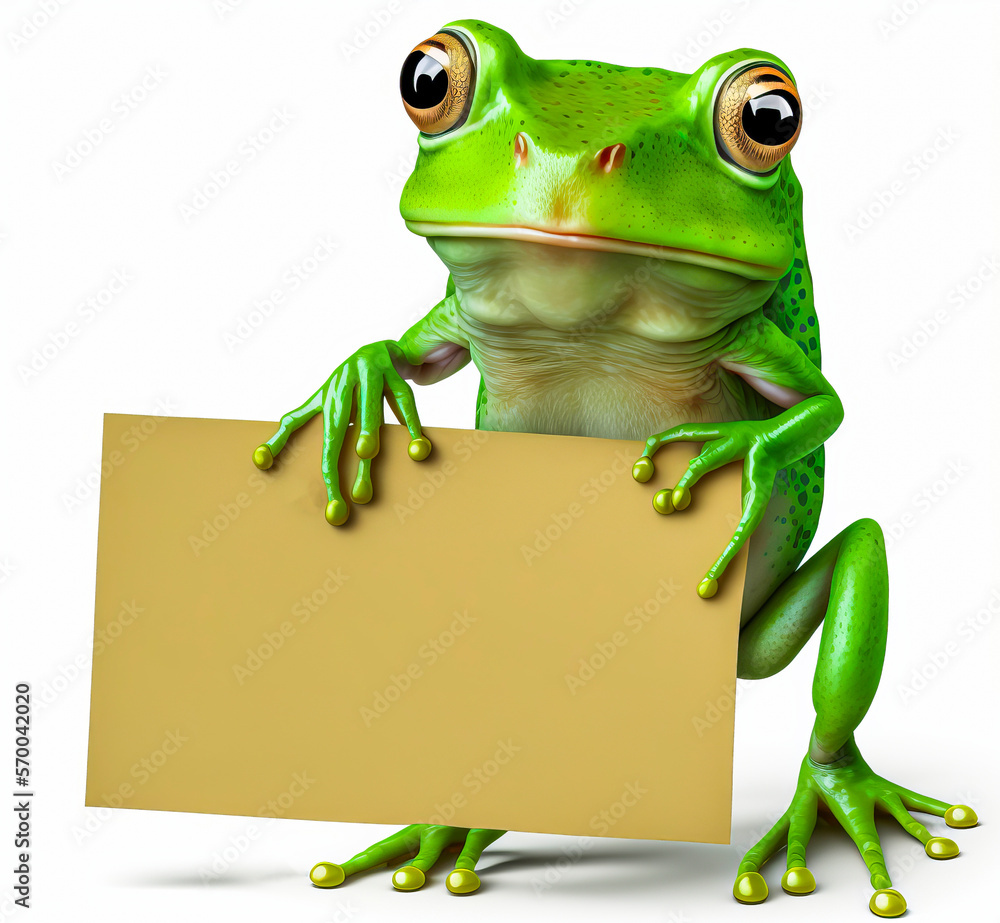 Cute green frog holding a blank cardboard sign for customizing a ...