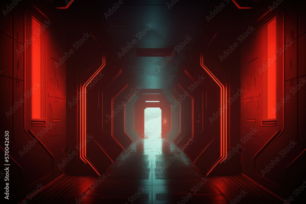 An illustration of a gloomy, futuristic corridor with a red light ...