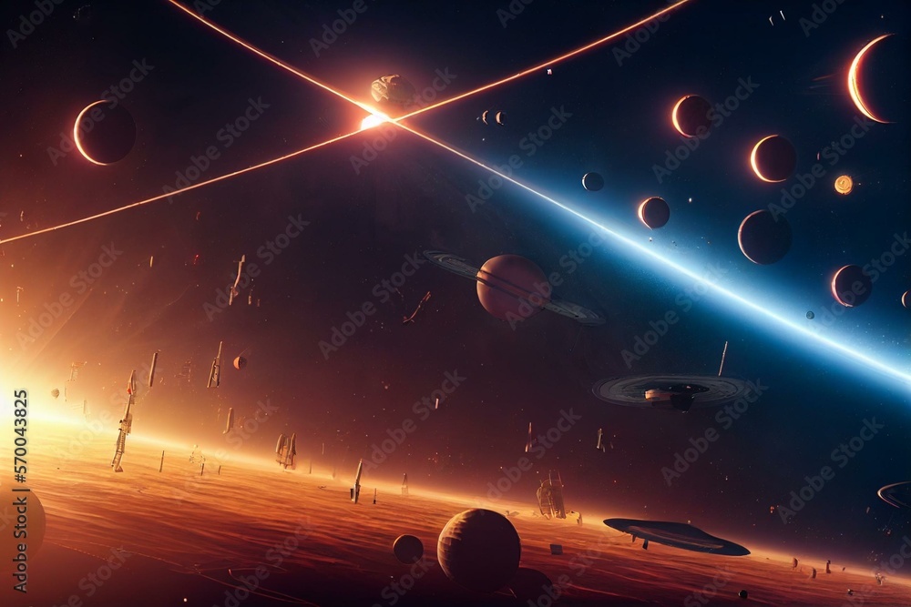 Retro sci-fi space fleet battle next to a solar system. Generative AI ...